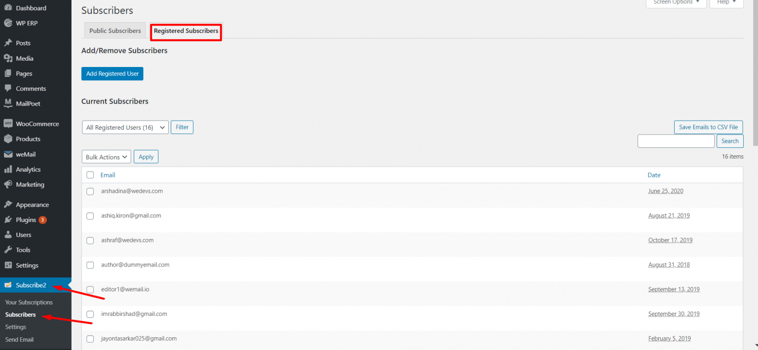 Subscribe2 Registered Subscribers - weMail