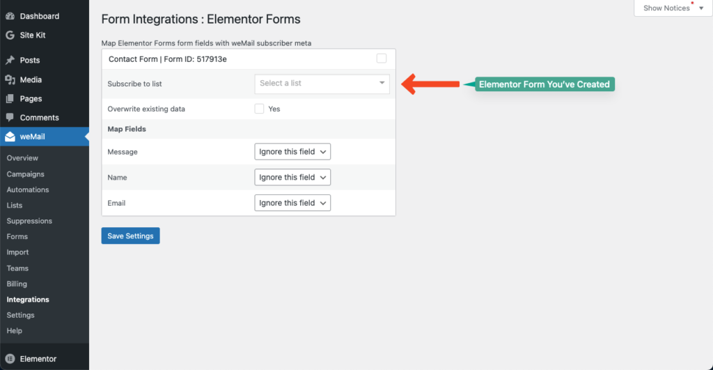 weMail and Elementor Forms Integration